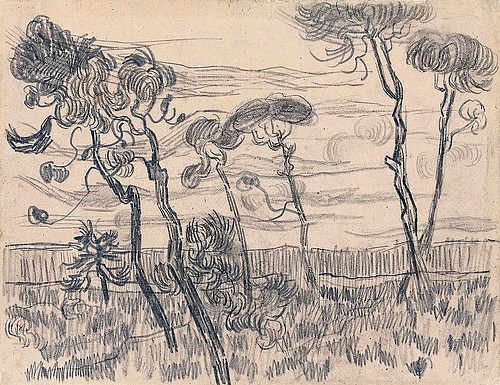 Vincent van Gogh, Sechs Pinien nahe der Einzä..1889
